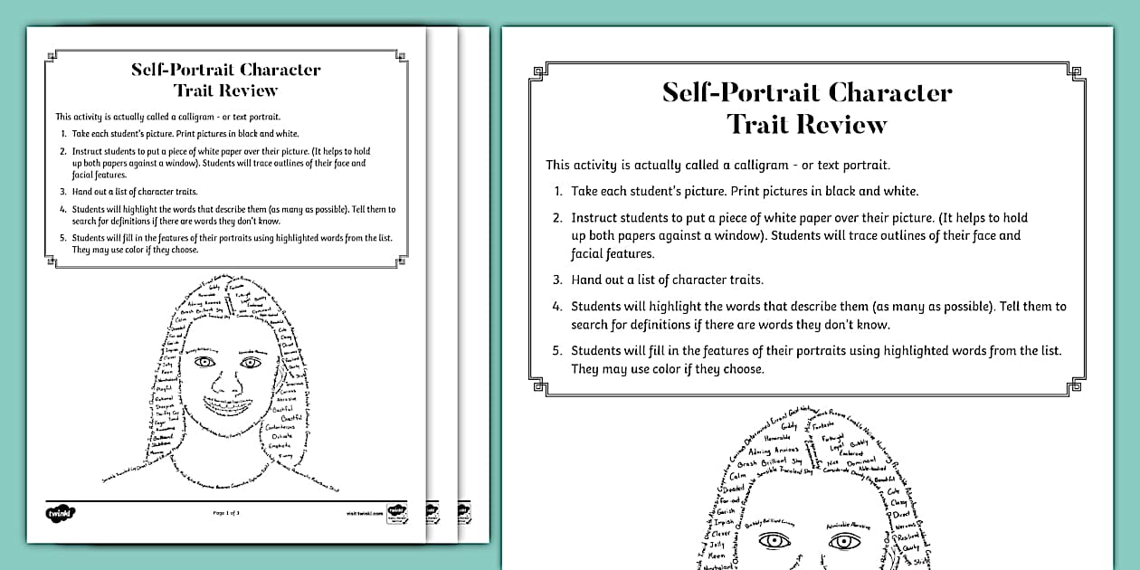 Eighth Grade Self-Portrait and Character Trait Review Worksheet