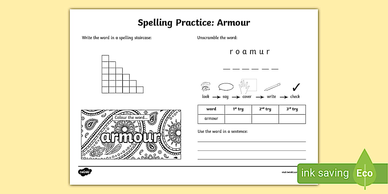Armour Spelling Practice Worksheet (teacher made) - Twinkl