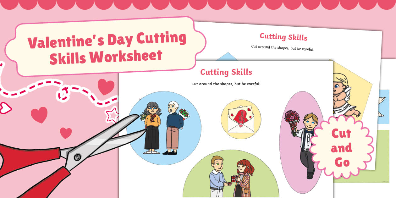 Valentine's Cutting Practice Worksheets | Twinkl