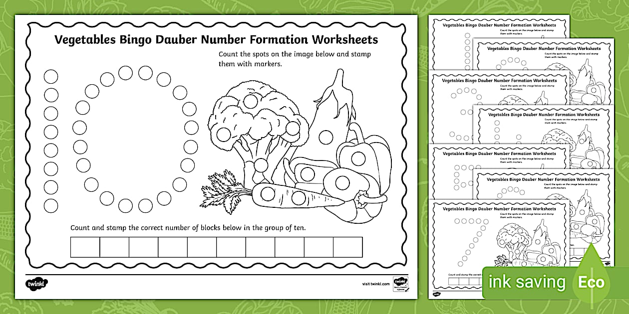 Vegetables Bingo Dauber Number Formation Worksheets - Twinkl