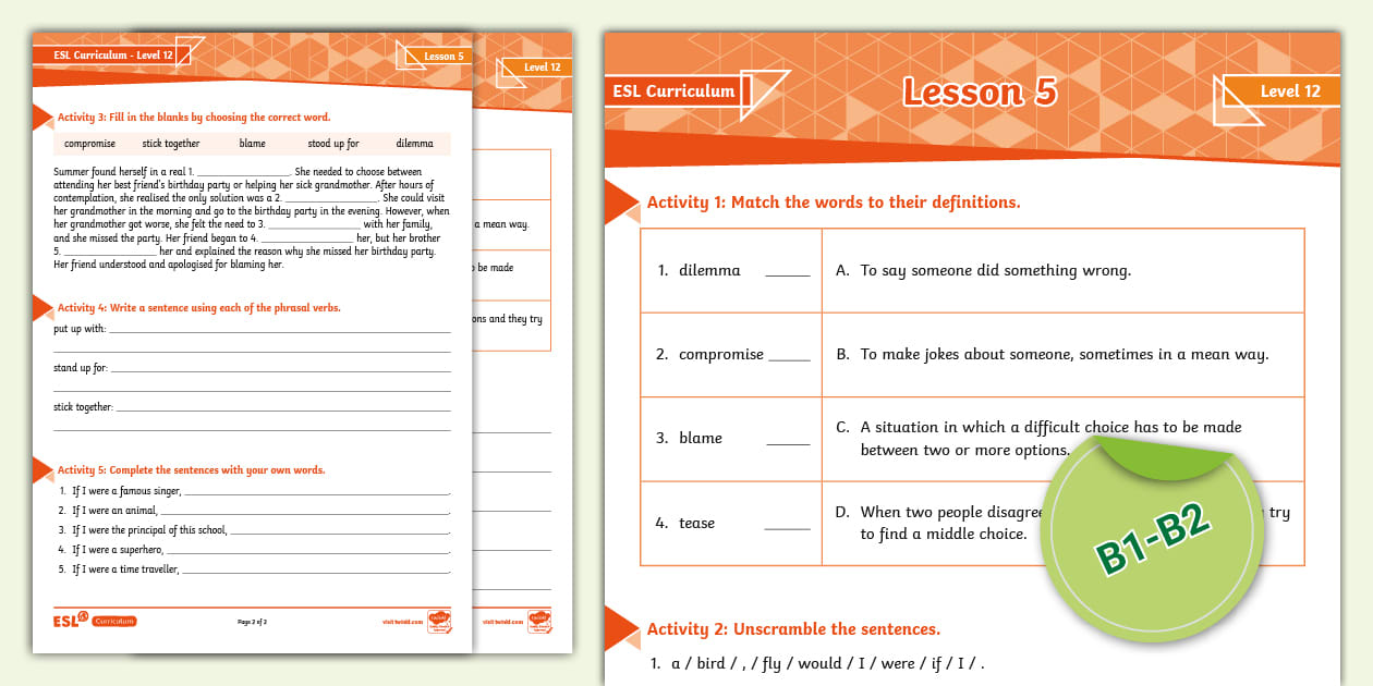 ESL Curriculum Level 12, Lesson 5 Activity Sheet - Twinkl