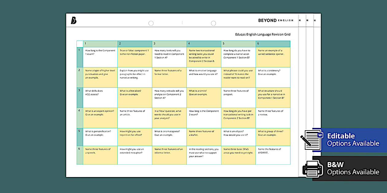GCSE Revision Grid Game Activity to Support Teaching On Eduqas English