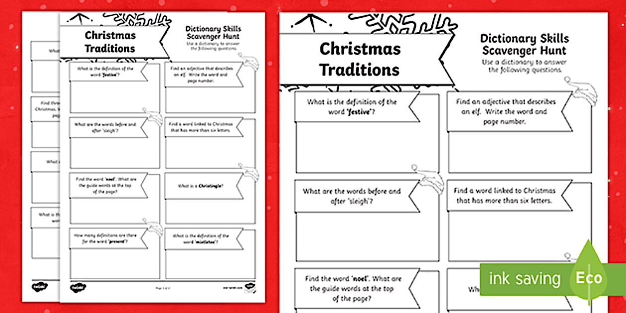 Christmas Traditions Dictionary Skills Scavenger Hunt Worksheet
