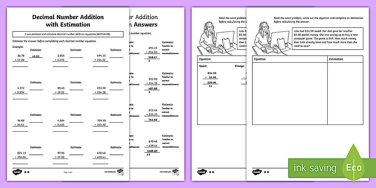 Lower Ability Decimal Number Addition with Estimation Differentiated