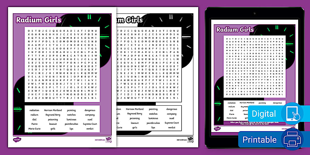 Eighth Grade Radium Girls Word Search Worksheet - Twinkl
