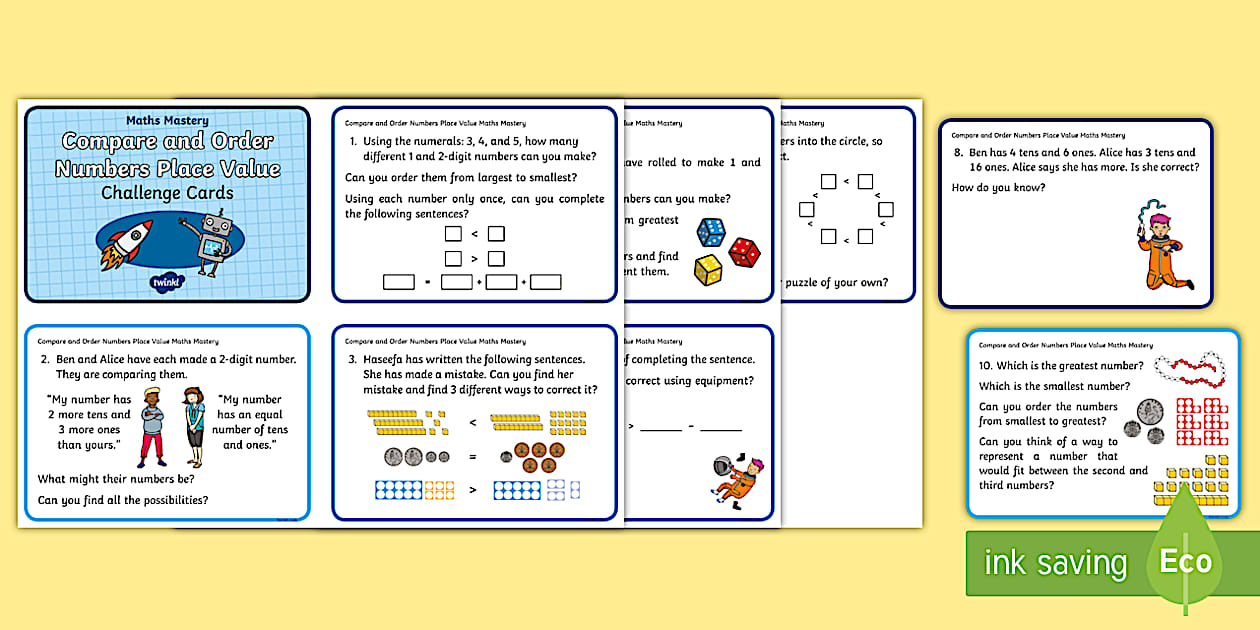 Year 2 Compare and Order Numbers Place Value Maths Mastery Challenge Cards