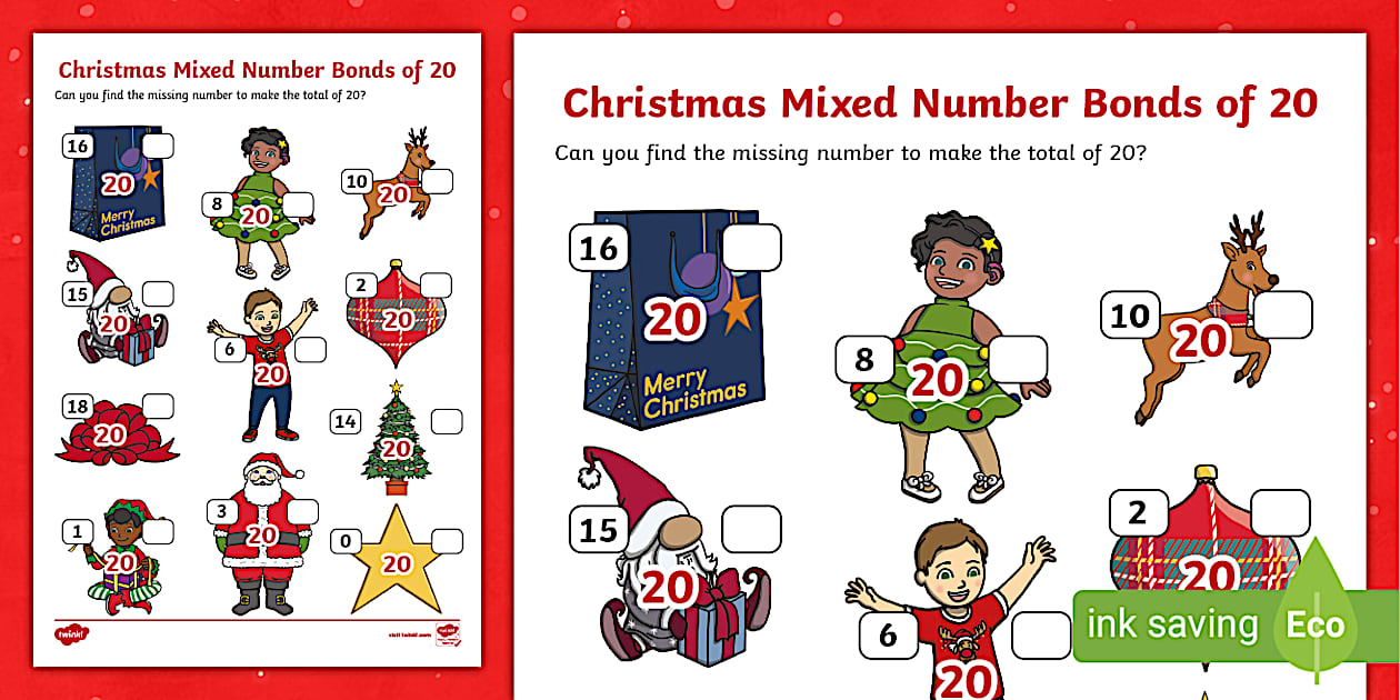 Black and White Christmas Themed Mixed Number Bonds of 20 Activity Sheet