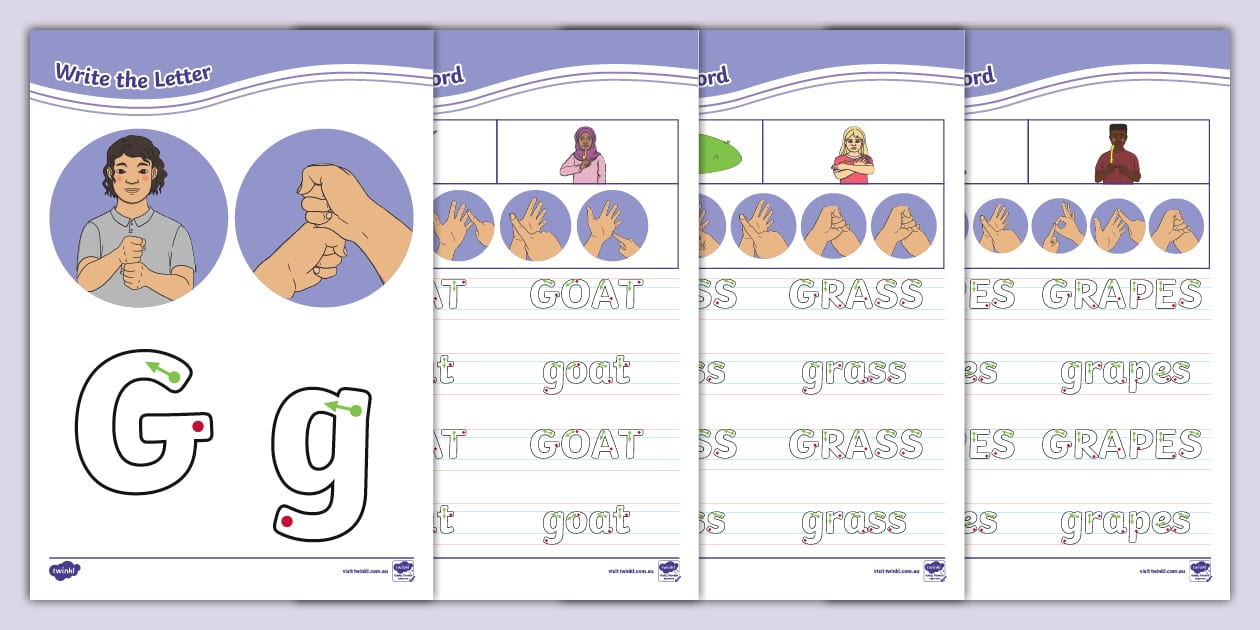 Words Starting with G Handwriting Worksheets with Auslan