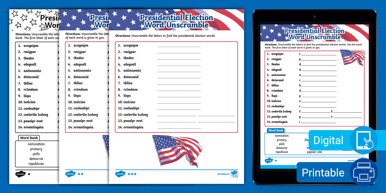 Presidential Election Word Unscramble for 6th-8th Grade
