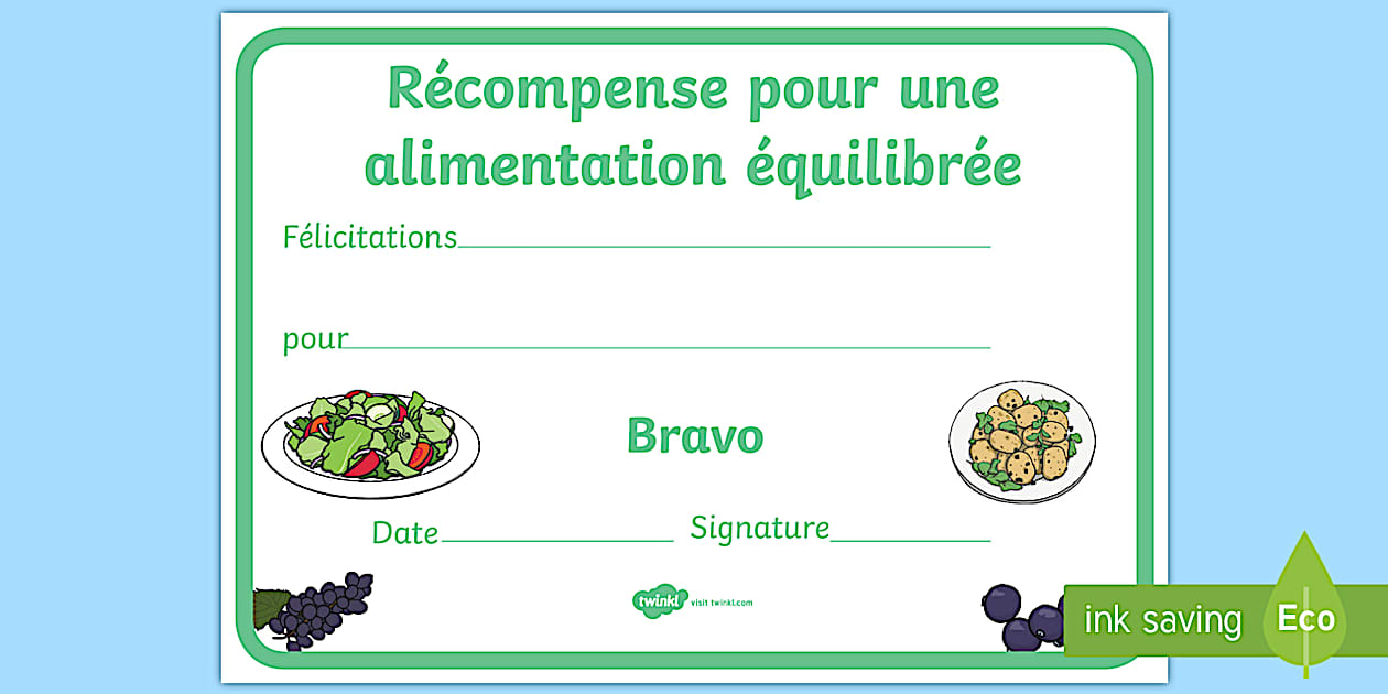 Récompense pour la n utrition saine Healthy Eating Award Certificates ...