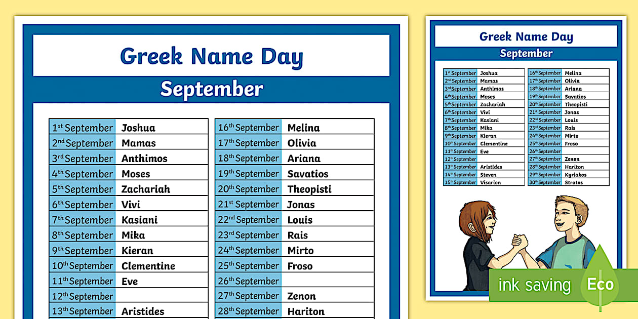 September Greek Name Day Display Poster - AC9HS3K02 - Twinkl