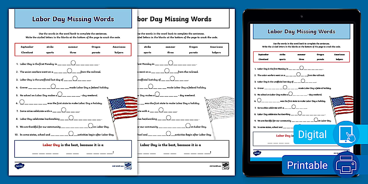 Labor Day Missing Words Activity for 3rd-5th Grade - Twinkl