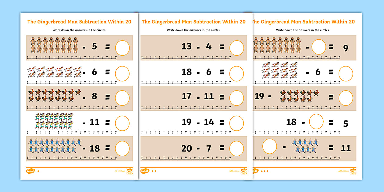 Editable The Gingerbread Man Subtraction Within 20 Worksheet
