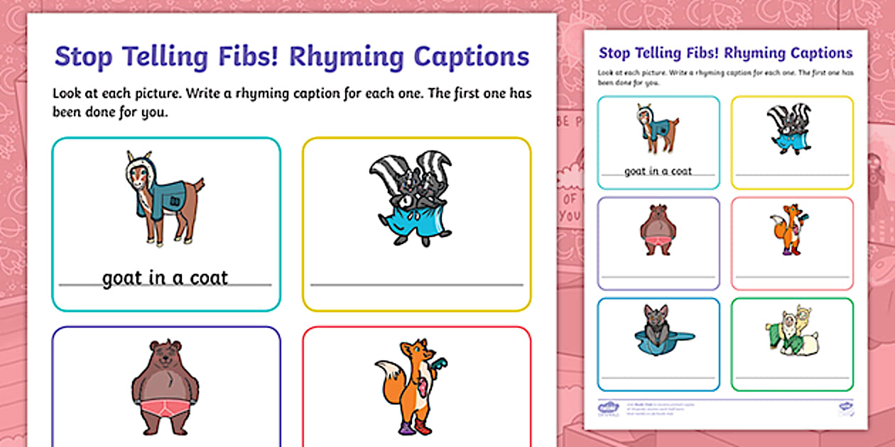 Cursive Stop Telling Fibs! Rhyming Caption Writing Activity
