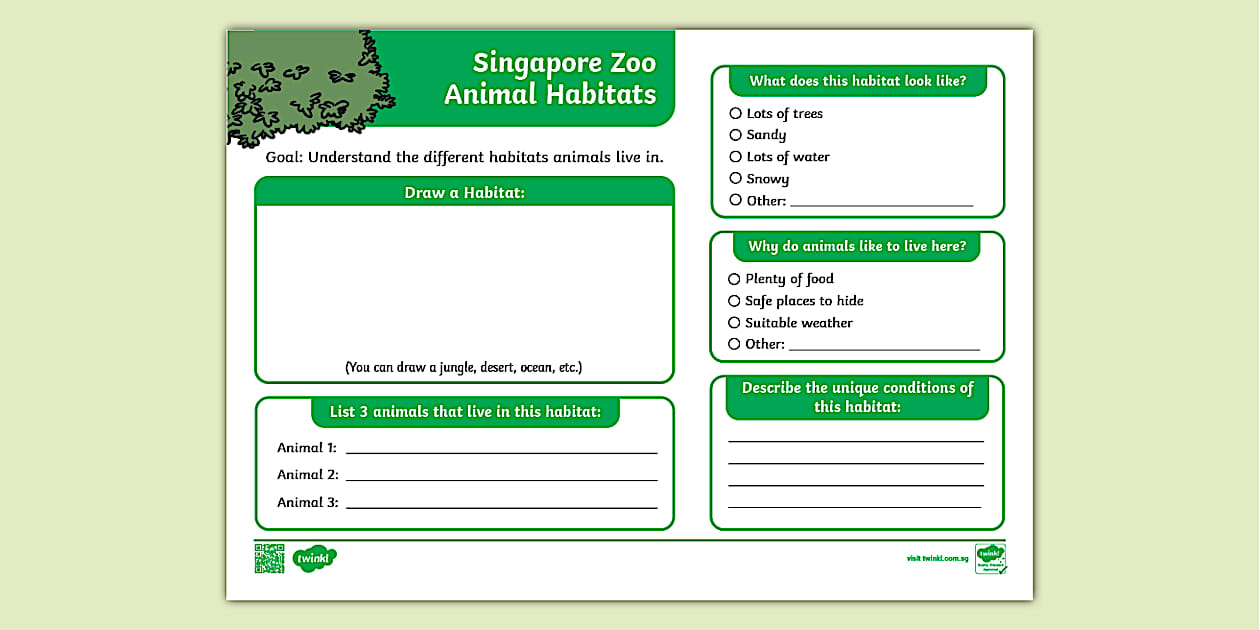 Singapore Zoo Animal Habitat Worksheet - Twinkl