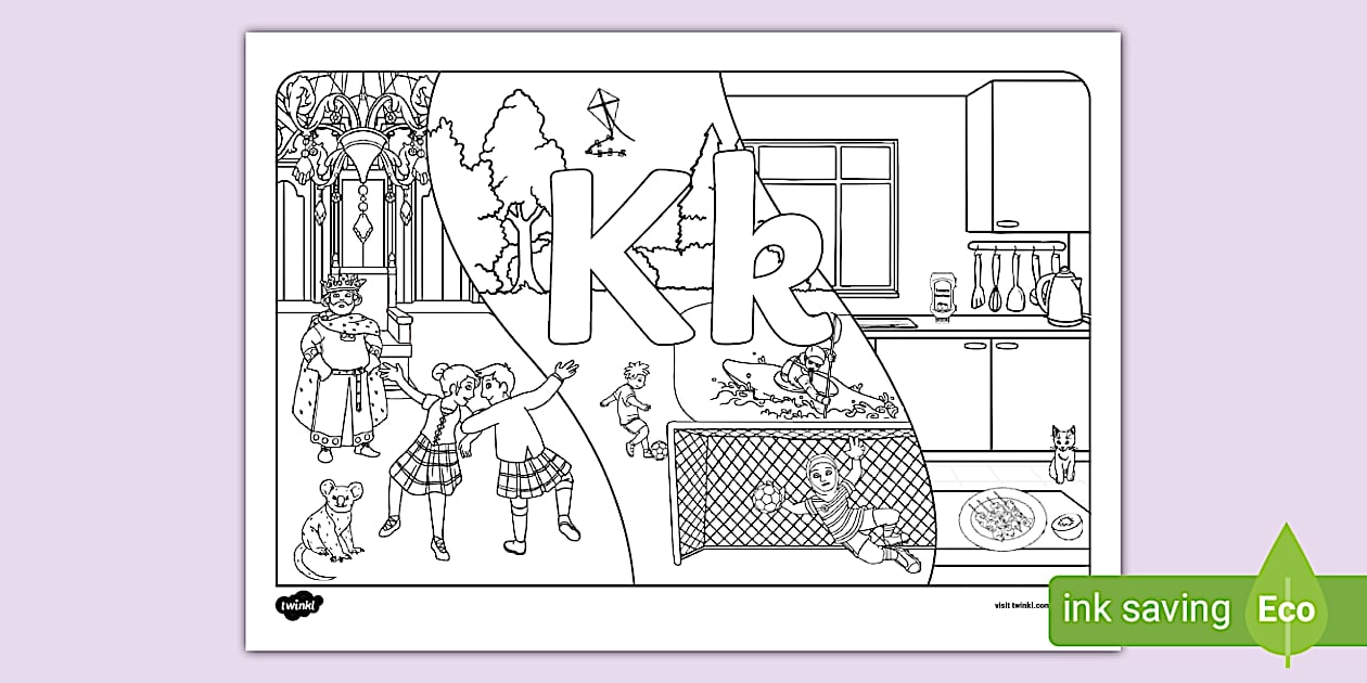 K Sound Loaded Scene Colouring Page, The Letter K - Twinkl