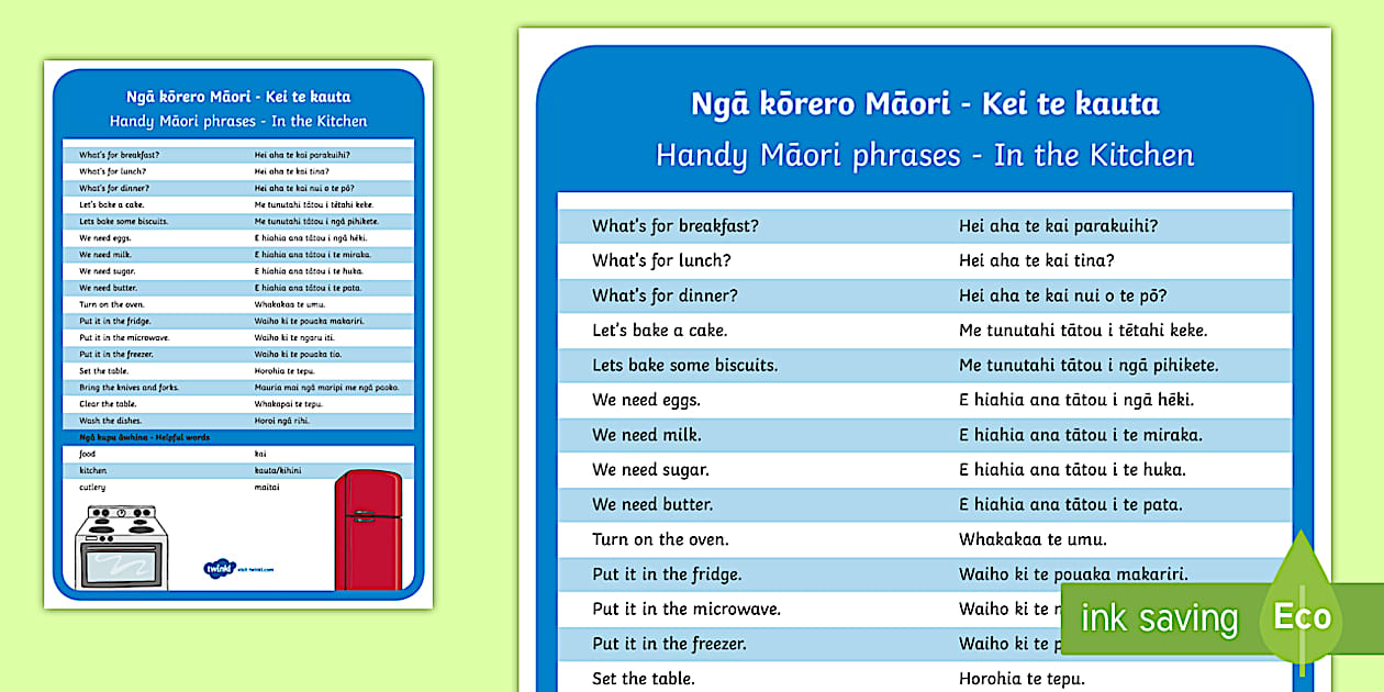 In the Kitchen Vocabulary A4 Display Poster Te Reo Maori/English