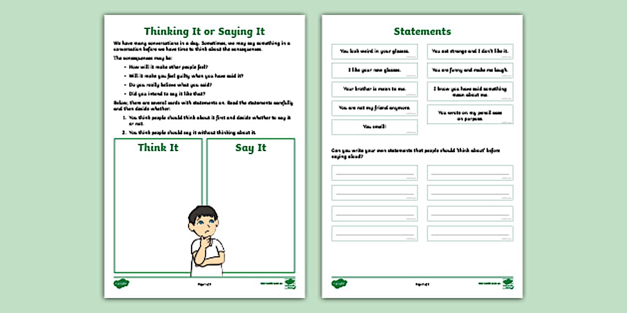 Thinking It or Saying It Activity Sheet (teacher made)