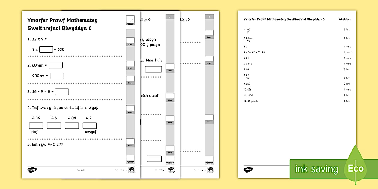 Llyfryn Ymarfer Prawf Mathemateg Gweithdrefnol Blwyddyn 6