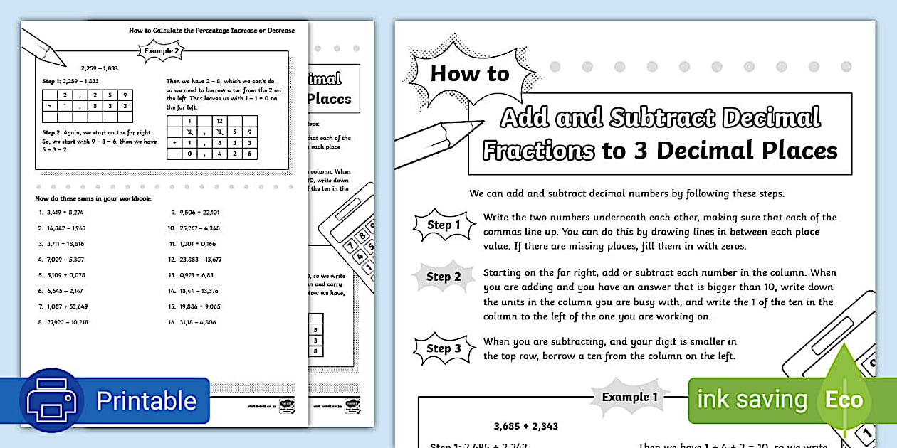 How to Add and Subtract Decimal Fractions to 3 Decimal Places: Activity Sheet