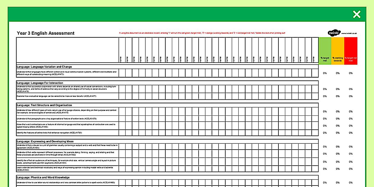 Australian Curriculum Year 3 English Assessment Spreadsheet