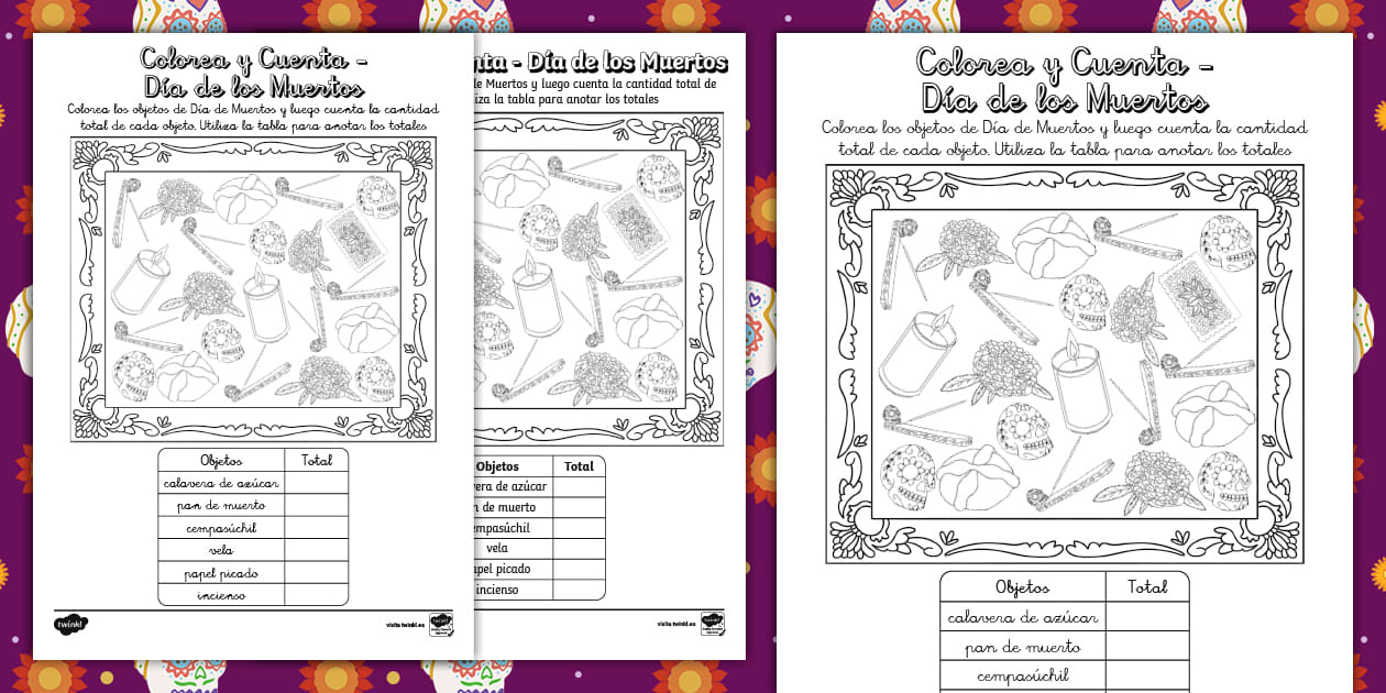 Ficha de actividad: Colorea y cuenta - Día de los Muertos