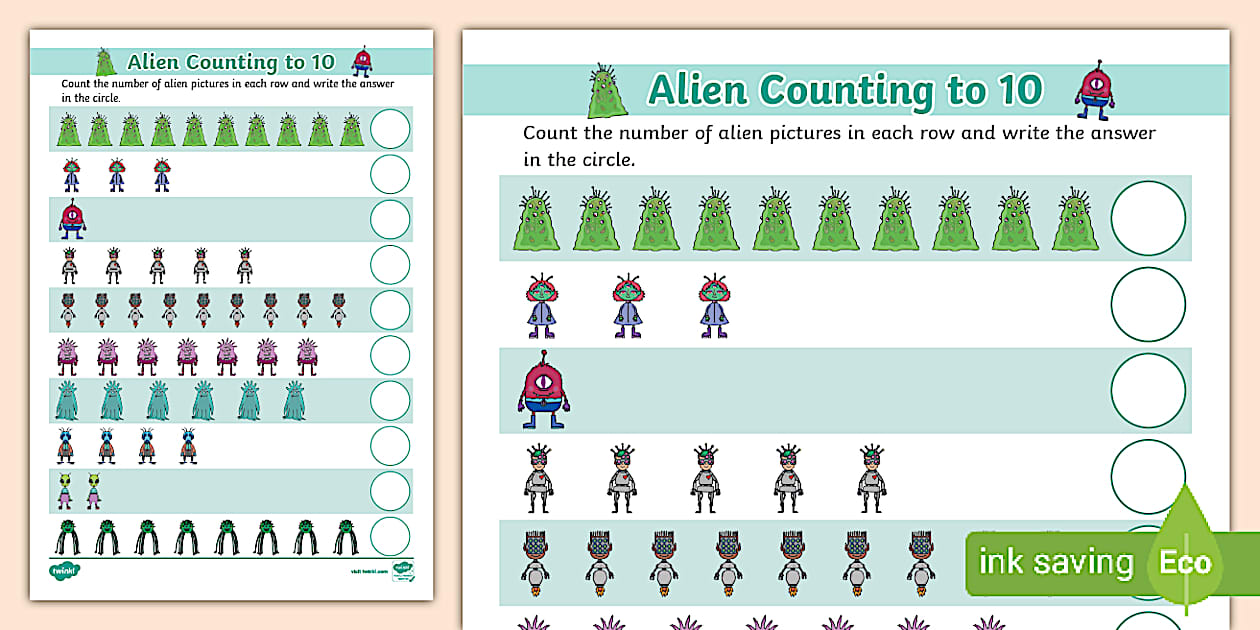 Alien Counting to 10 Activity Sheet - Twinkl - EYFS - KS1