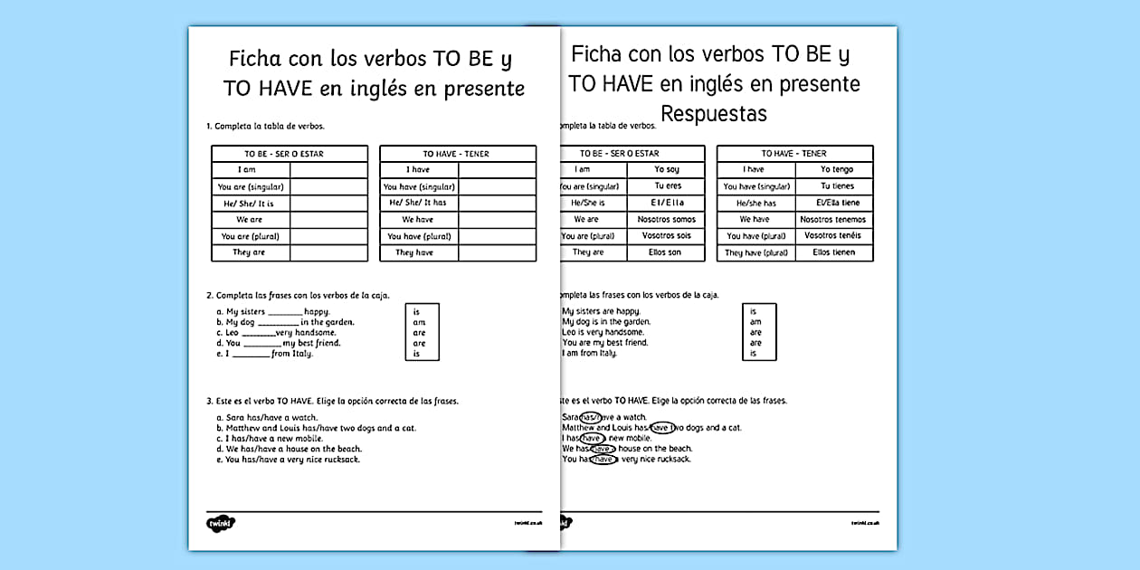 Ficha Verbos Ser, Estar y Tener en presente simple en español