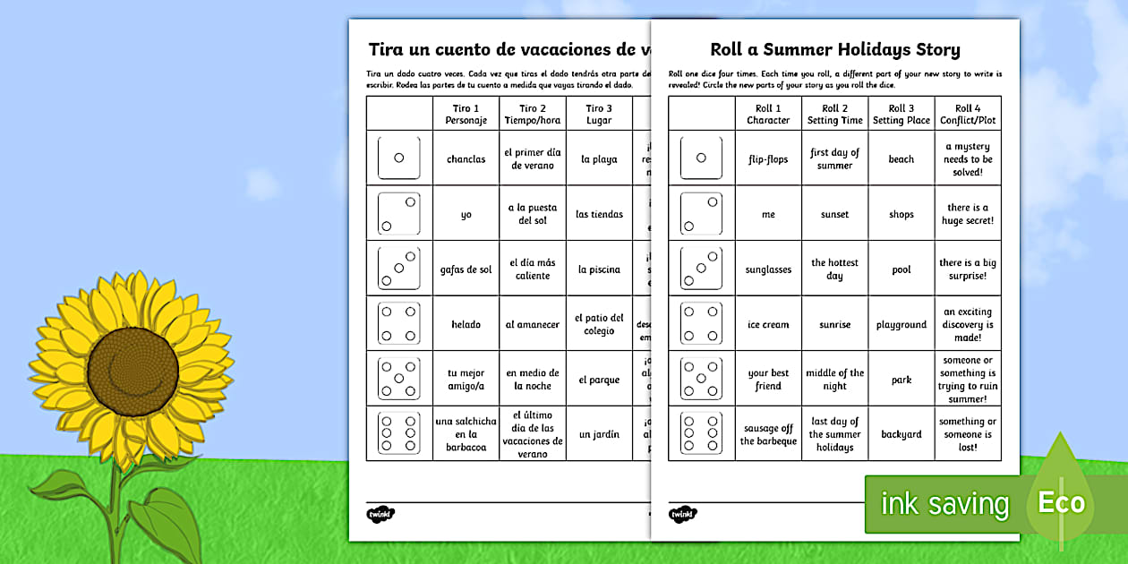 Roll a Summer Holidays Story Storyboard Template English/Spanish