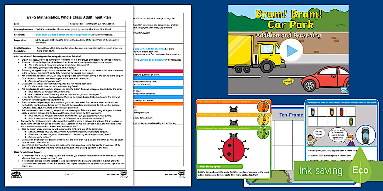 EYFS Maths: Brum! Brum! Car Park Addition Whole Class Adult Input Plan and