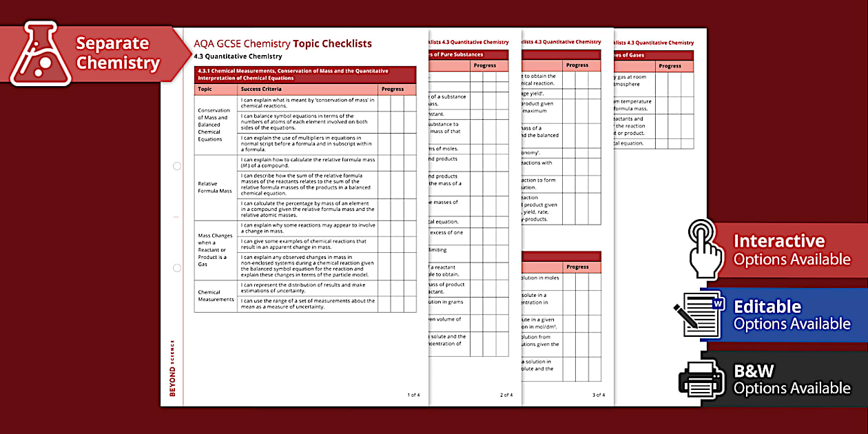 Editable AQA GCSE Chemistry Topic Checklists - 4.3 Quantitative Chemistry