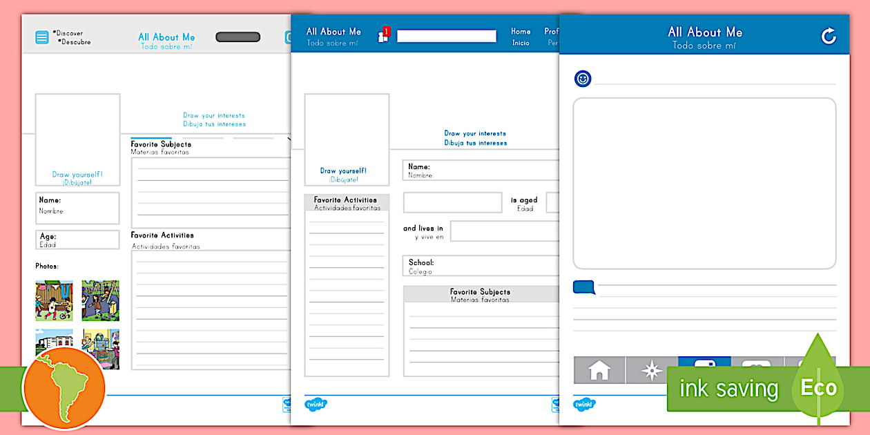 All About Me Social Media Writing Activity English/Spanish- Guía de trabajo