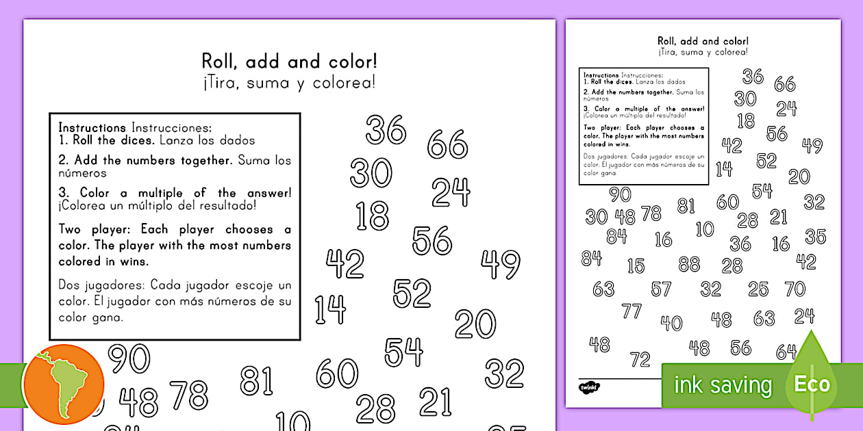 Multiplication Roll and Color Activity English/Spanish - Multiplication ...