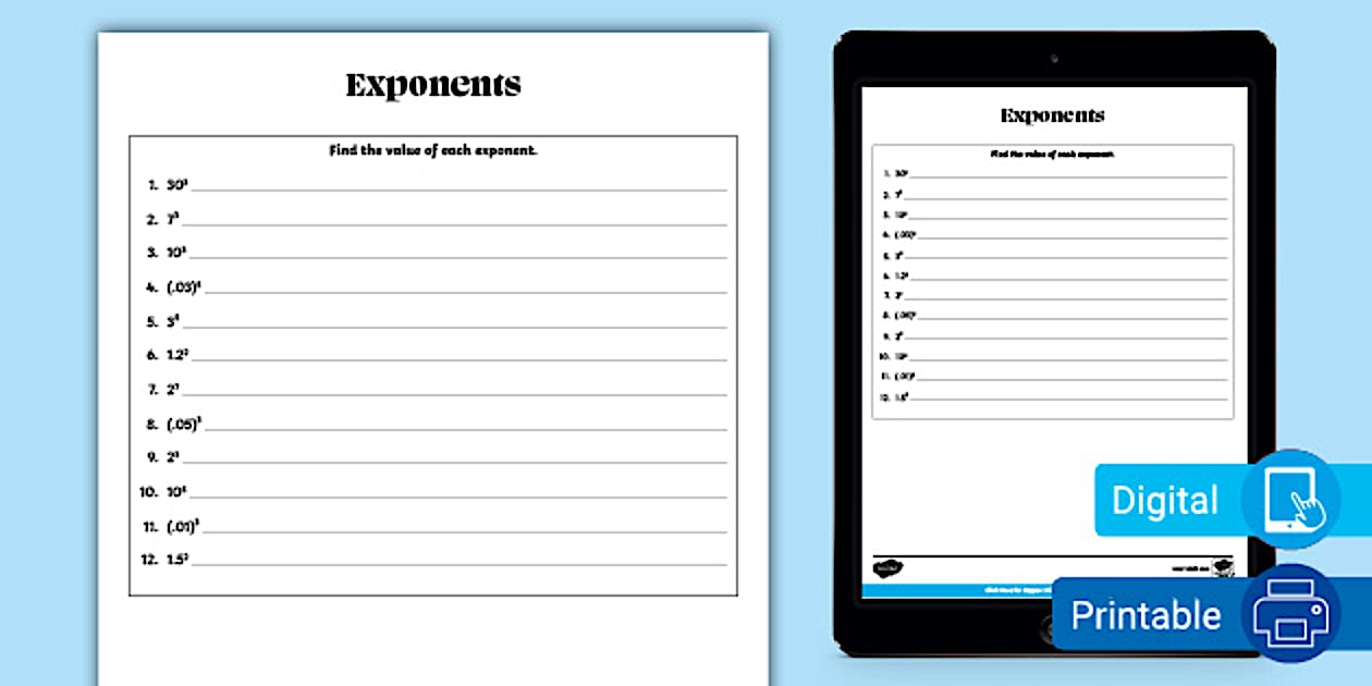 Sixth Grade Exponents Math Worksheet (teacher made) - Twinkl