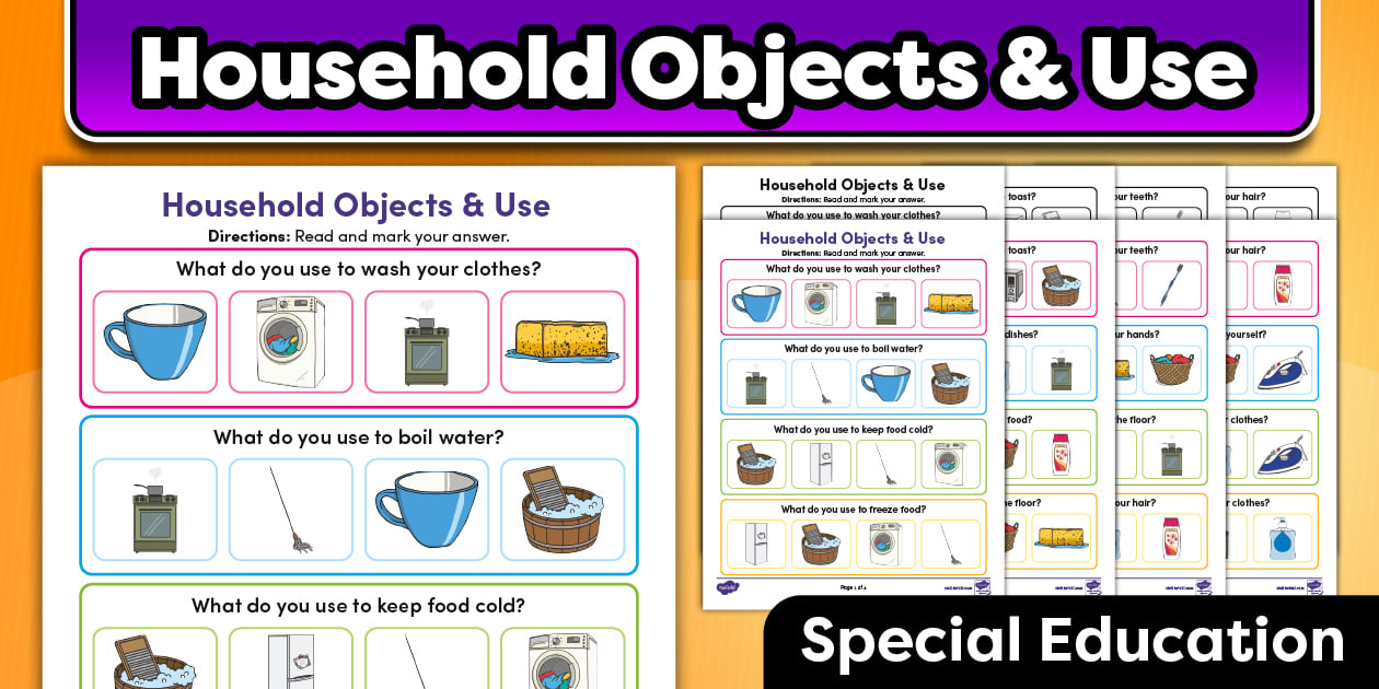 Household Objects & Use Choice Worksheets | Life Skills