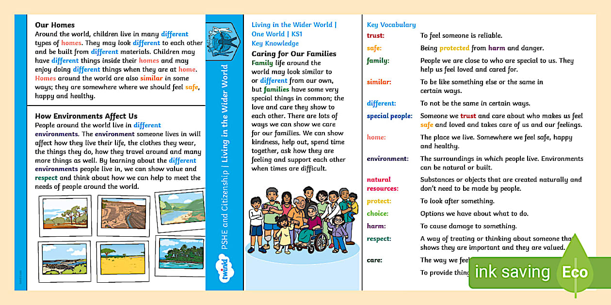 PSHE: KS1 One World - Knowledge Organiser (teacher made)