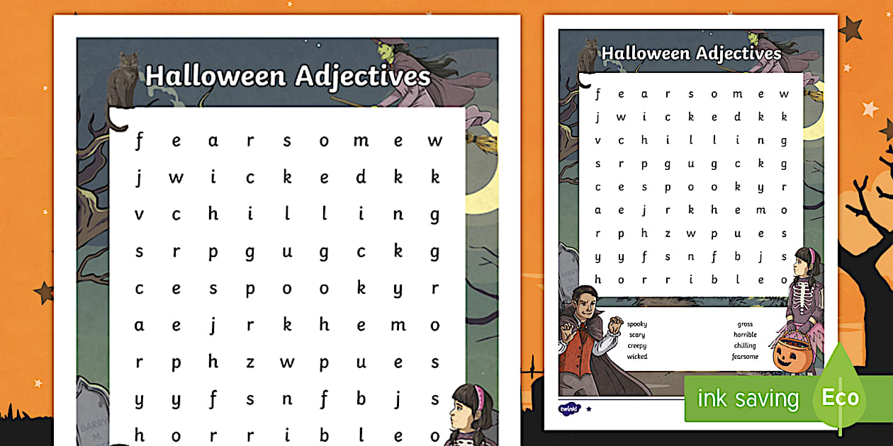 Halloween Adjectives Differentiated Word Search - Twinkl