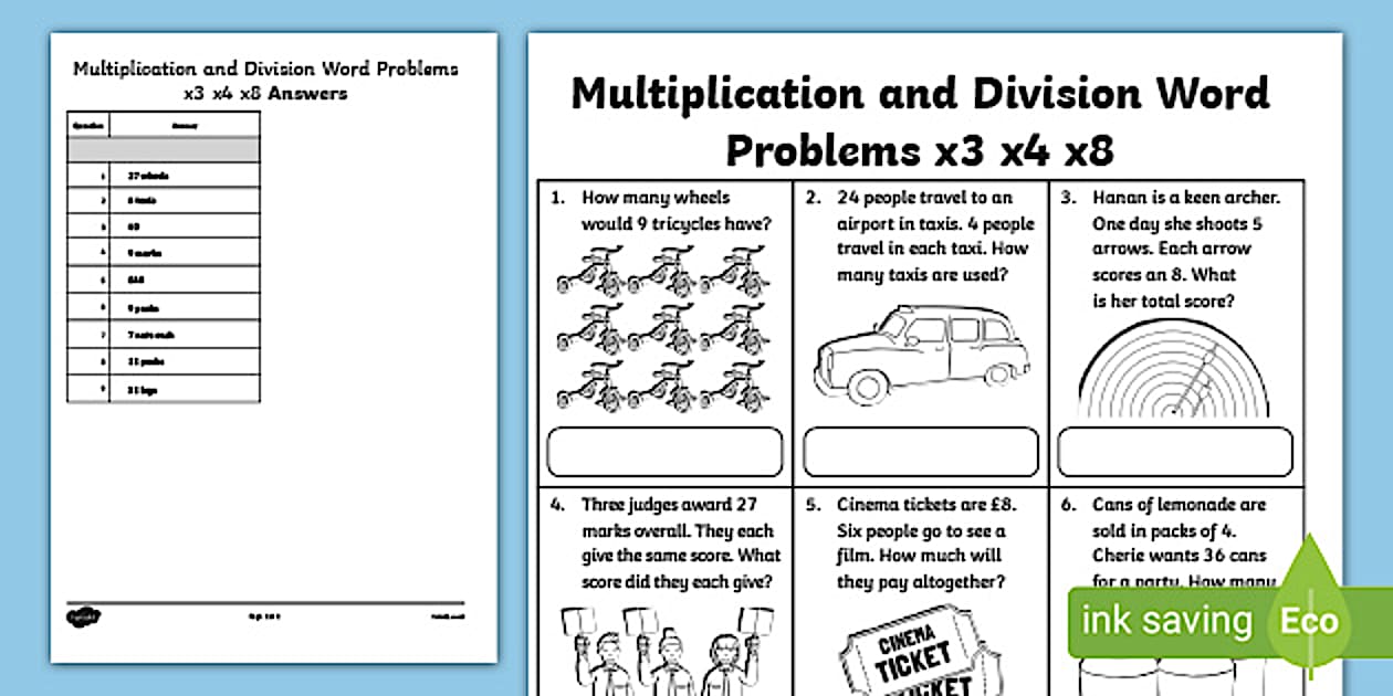 Y3 Multiplication & Division Word Problems ×3 ×4 ×8 Sheet