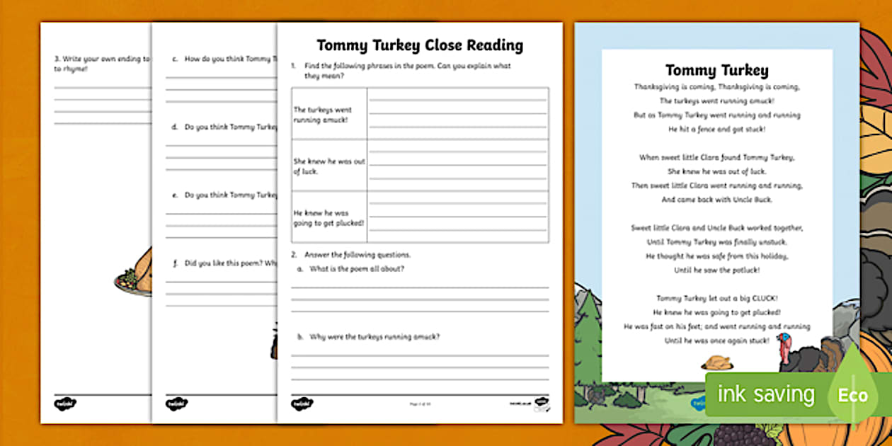 Black and White Thanksgiving Poem Close Reading Activity