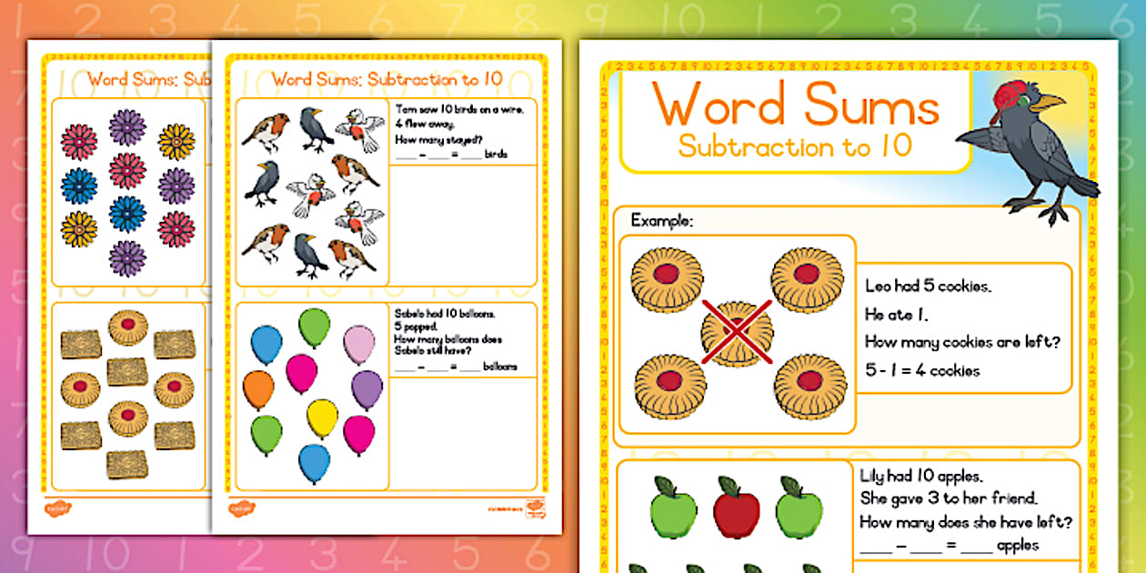 Grade R Word Problems Subtraction to 10 Activity Sheet