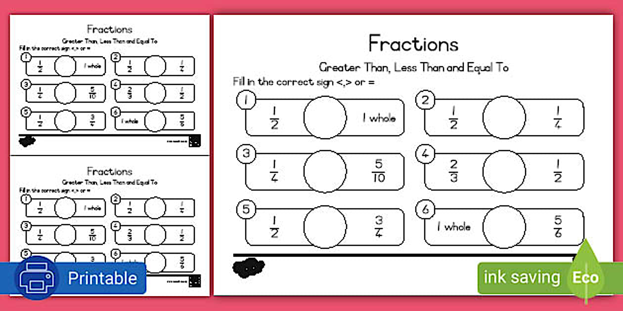 Fractions Worksheets For Grade 3 | Greater Than, Less Than