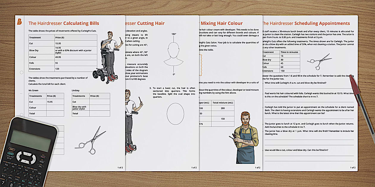Real World Maths Worksheets: Hairdressing (teacher made)