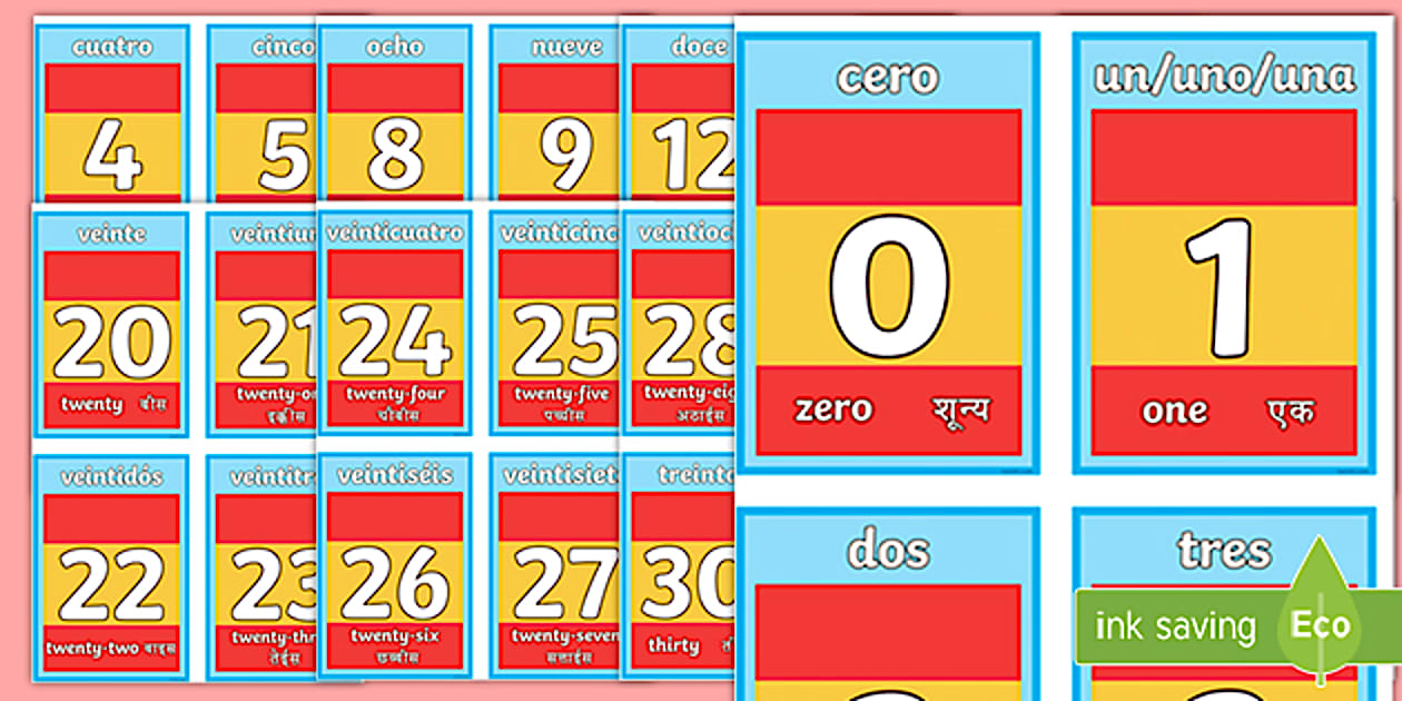 1 - 31 Numbers in Spanish / English / Hindi