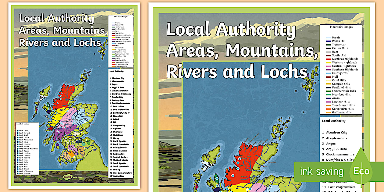Local Authority Areas, Mountains, Rivers and Lochs of Scotland Large ...