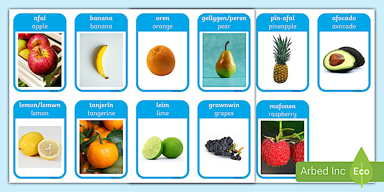 Bilingual Fruit Photo Flashcards Welsh/English - Twinkl
