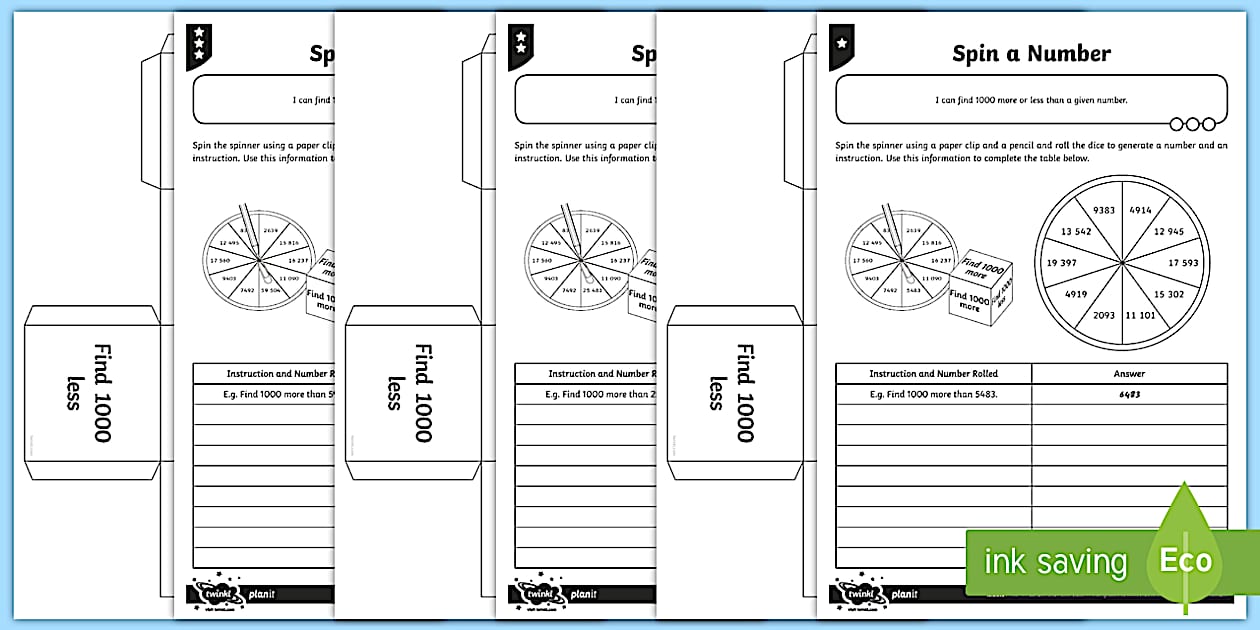 Finding 1000 More or Less Spin a Number Differentiated Worksheet ...