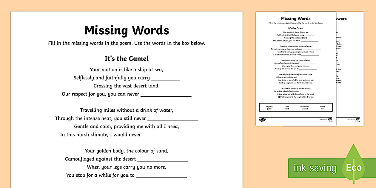 Camel Poem Find the Missing Words Worksheet / Worksheet