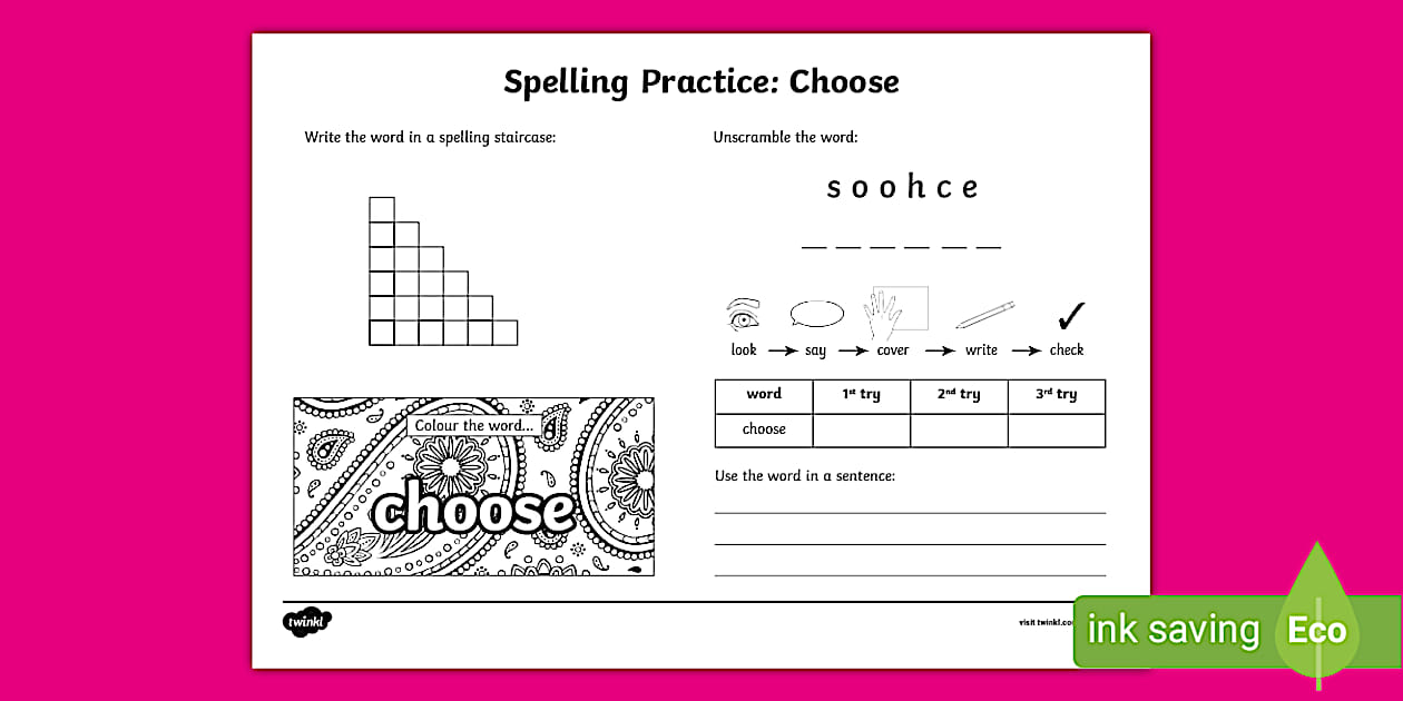Choose Spelling Practice Worksheet (Teacher-Made) - Twinkl