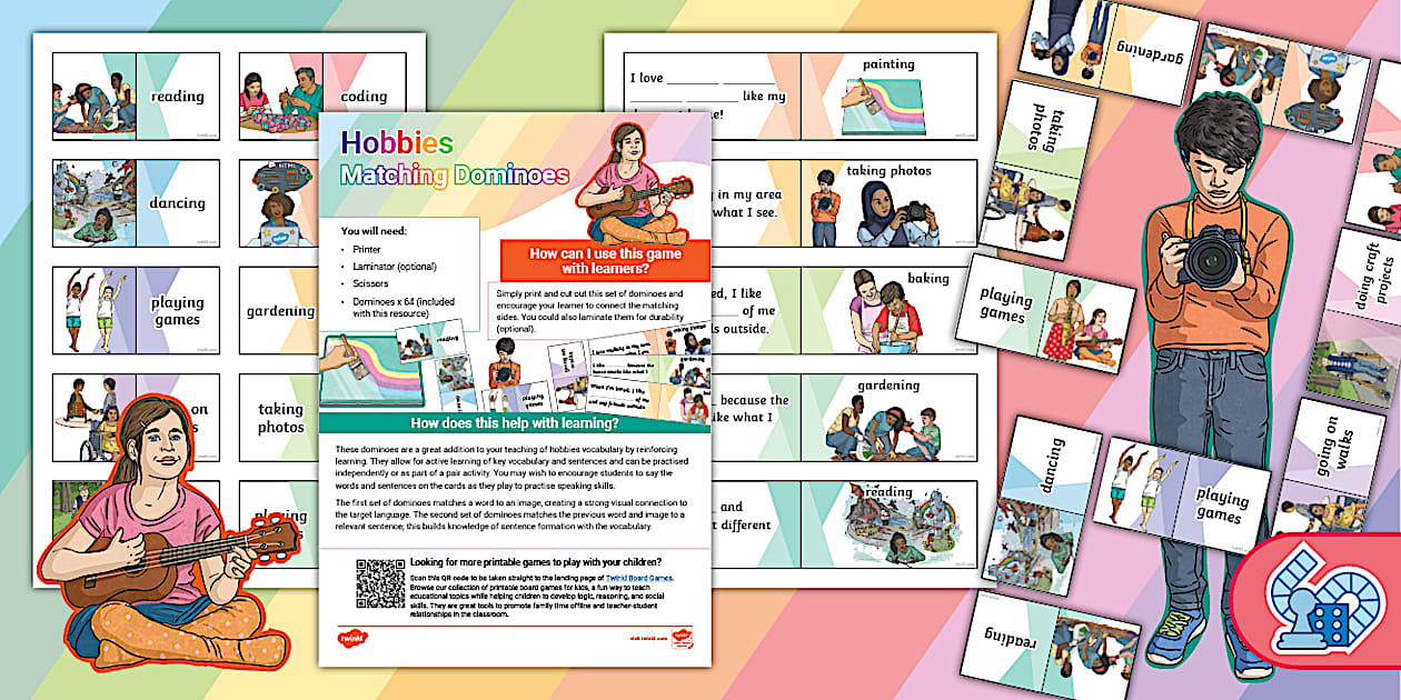 Hobbies Matching Dominoes Game for Learners of EAL - Twinkl