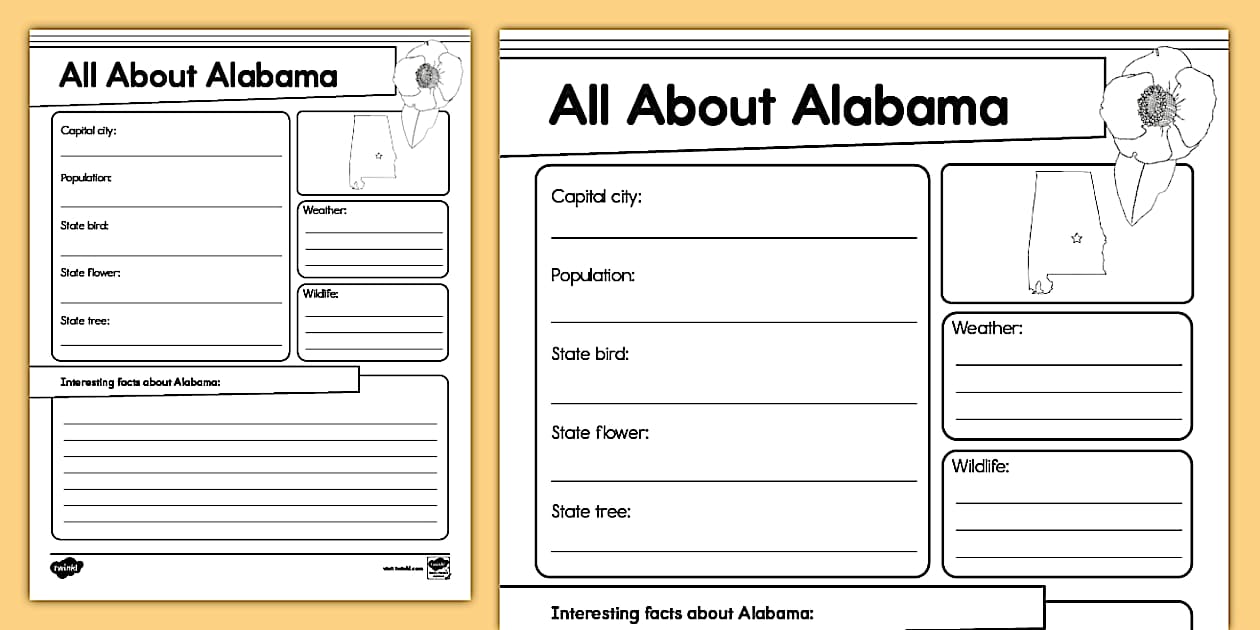 All About Alabama Research Worksheet for K-2nd Grade